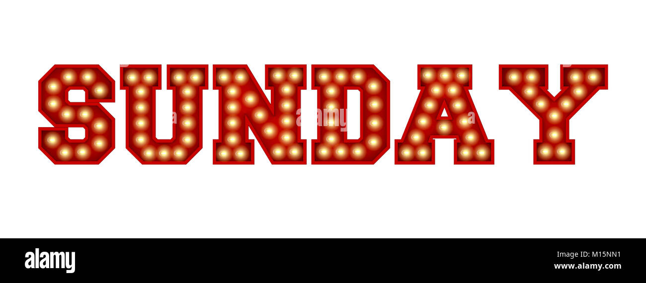Sunday word made from red vintage lightbulb lettering isolated on a ...