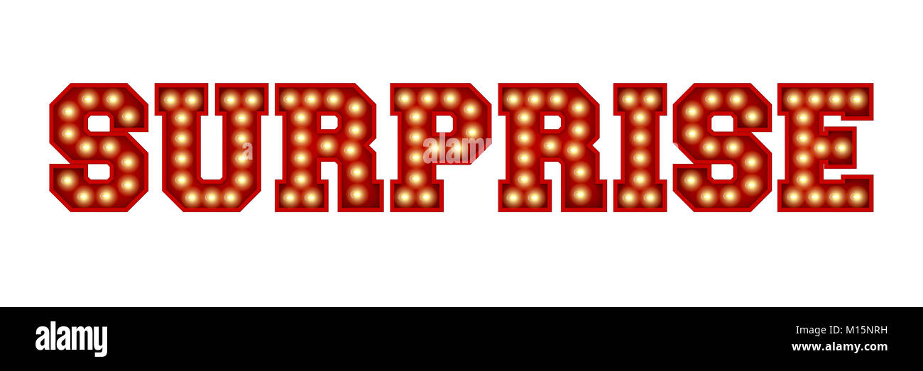Surprise word made from red vintage lightbulb lettering isolated on a ...