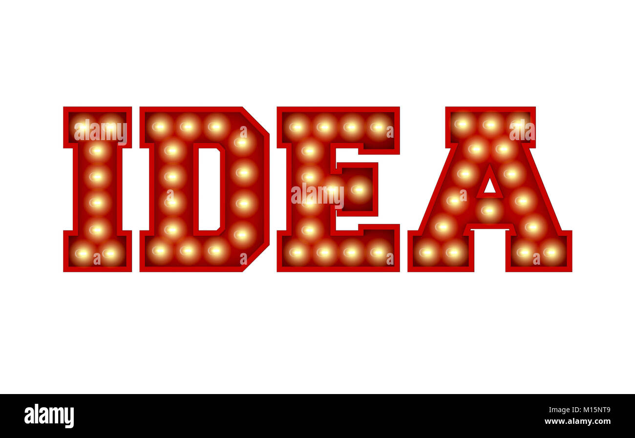 Idea word made from red vintage lightbulb lettering isolated on a white ...