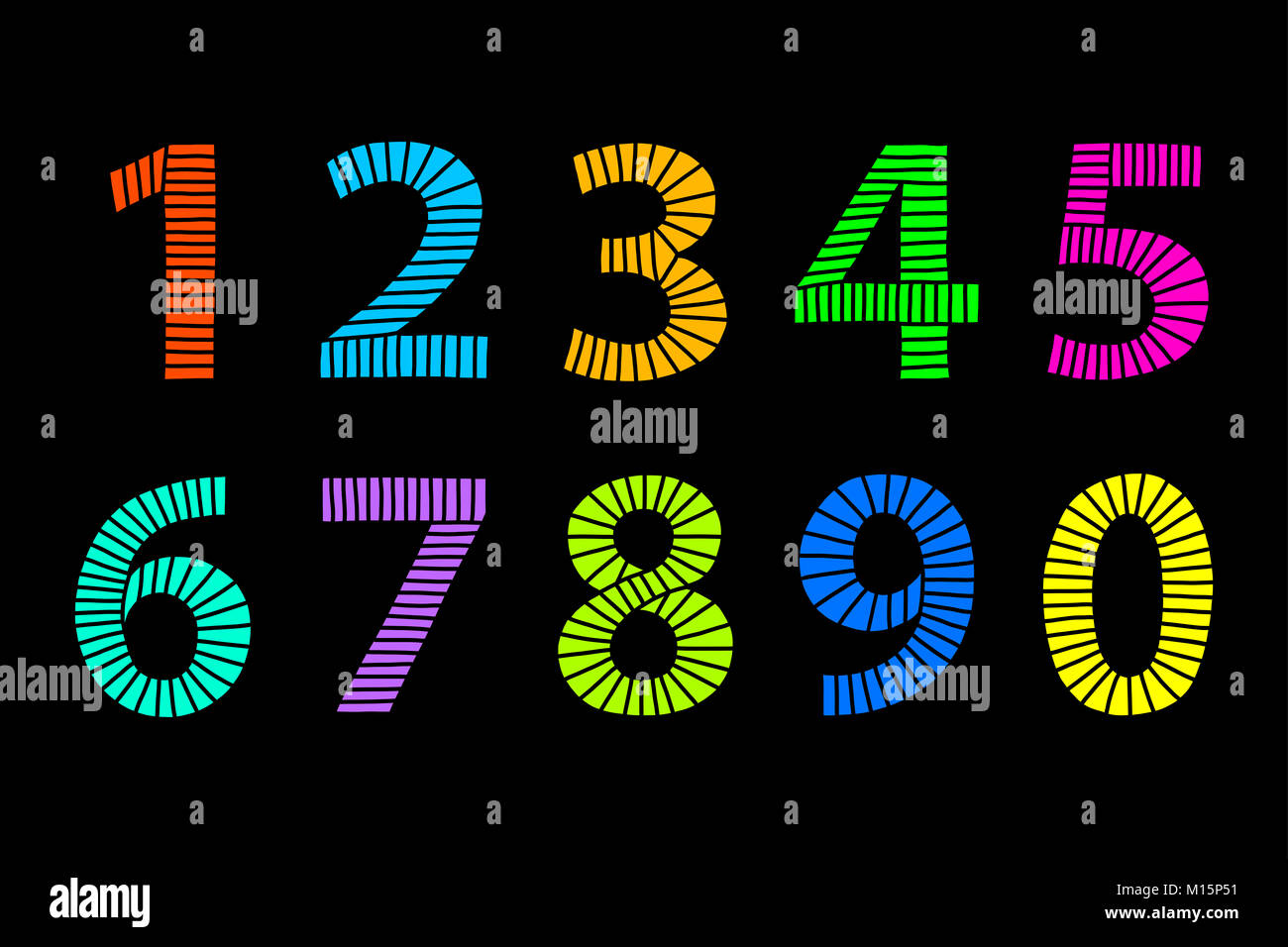 Multi colored hand drawn numbers made of lines in even distances. From ...