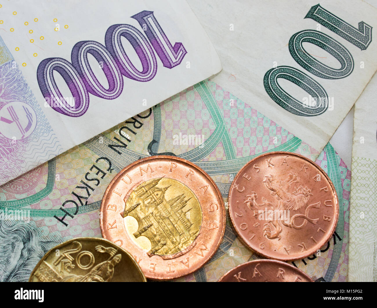 Czech coins on the various Czech banknotes money like background Stock ...