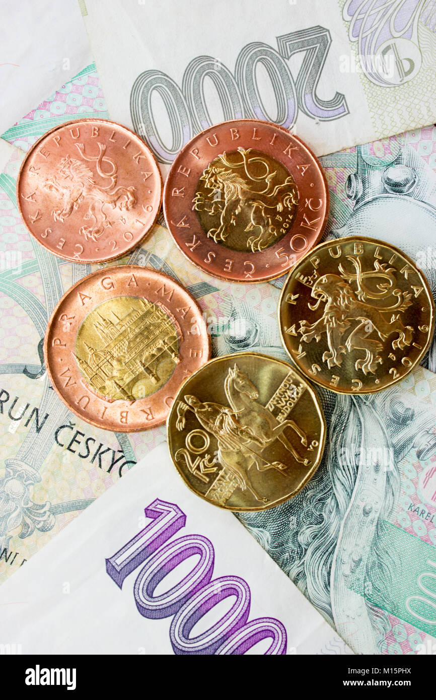 Czech coins on the various Czech banknotes money like background Stock ...