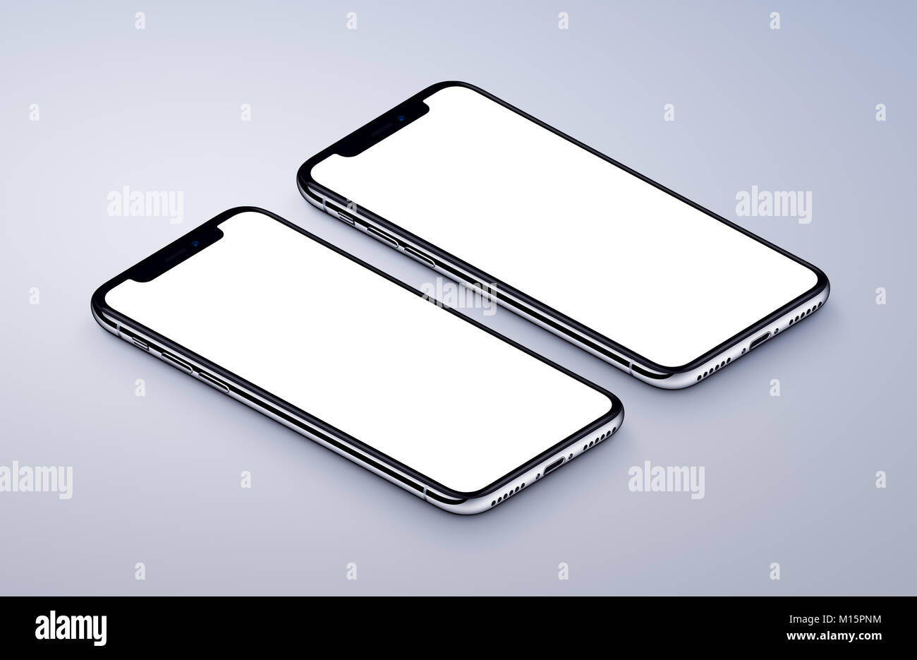 iPhone X. Two perspective smartphones mockup front sides lying on gray ...