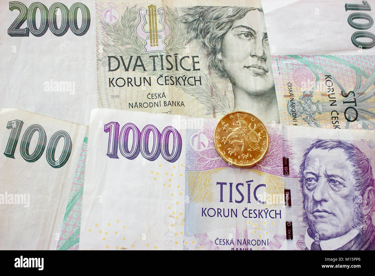 Czech coin on the various Czech banknotes money like background Stock ...