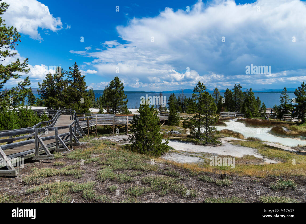 Boardwalk and thermal area with a view of Yellowstone Lake West Thumb ...