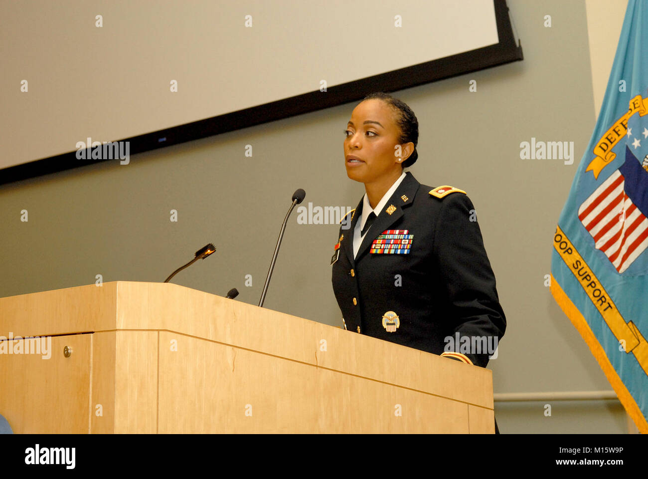 Army Lt. Col. Corrinne Bell speaks during her promotion ceremony at DLA ...