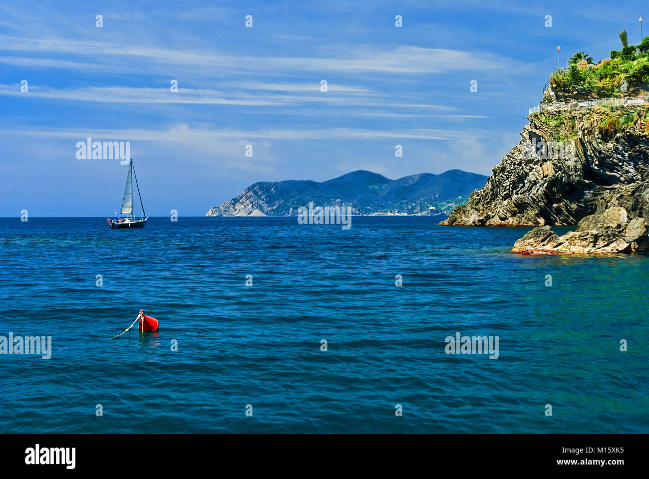 Cinque Terre or Five Cities, Italian Riviera: Sailing boat in the sea ...