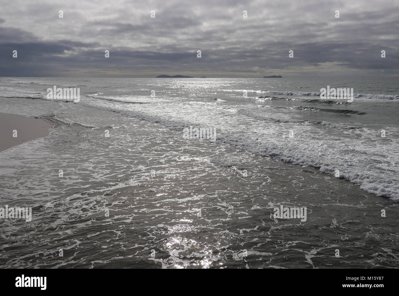 Foamy surf breaking on a wide sandy beach at Silver Strand State Beach ...