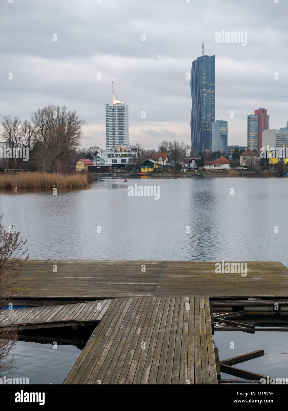 Skyline of the high buildings in 22nd district of Vienna, Austria as ...