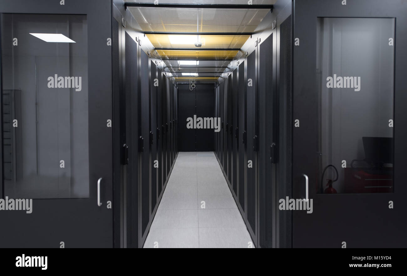 modern server room with black servers and hardwares in a internet data ...