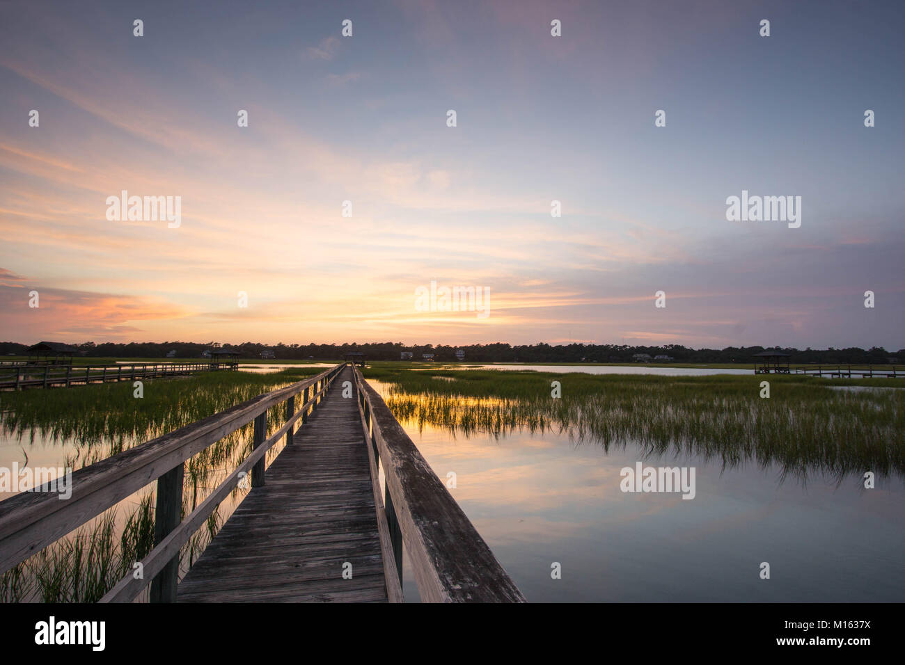 long wooden boardwalk pier over marsh at high tide with a fantastic ...