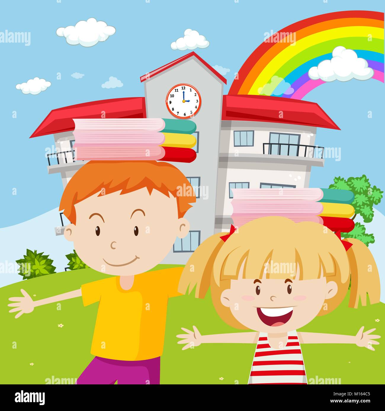 Boy and girl with books on their heads illustration Stock Vector Image ...