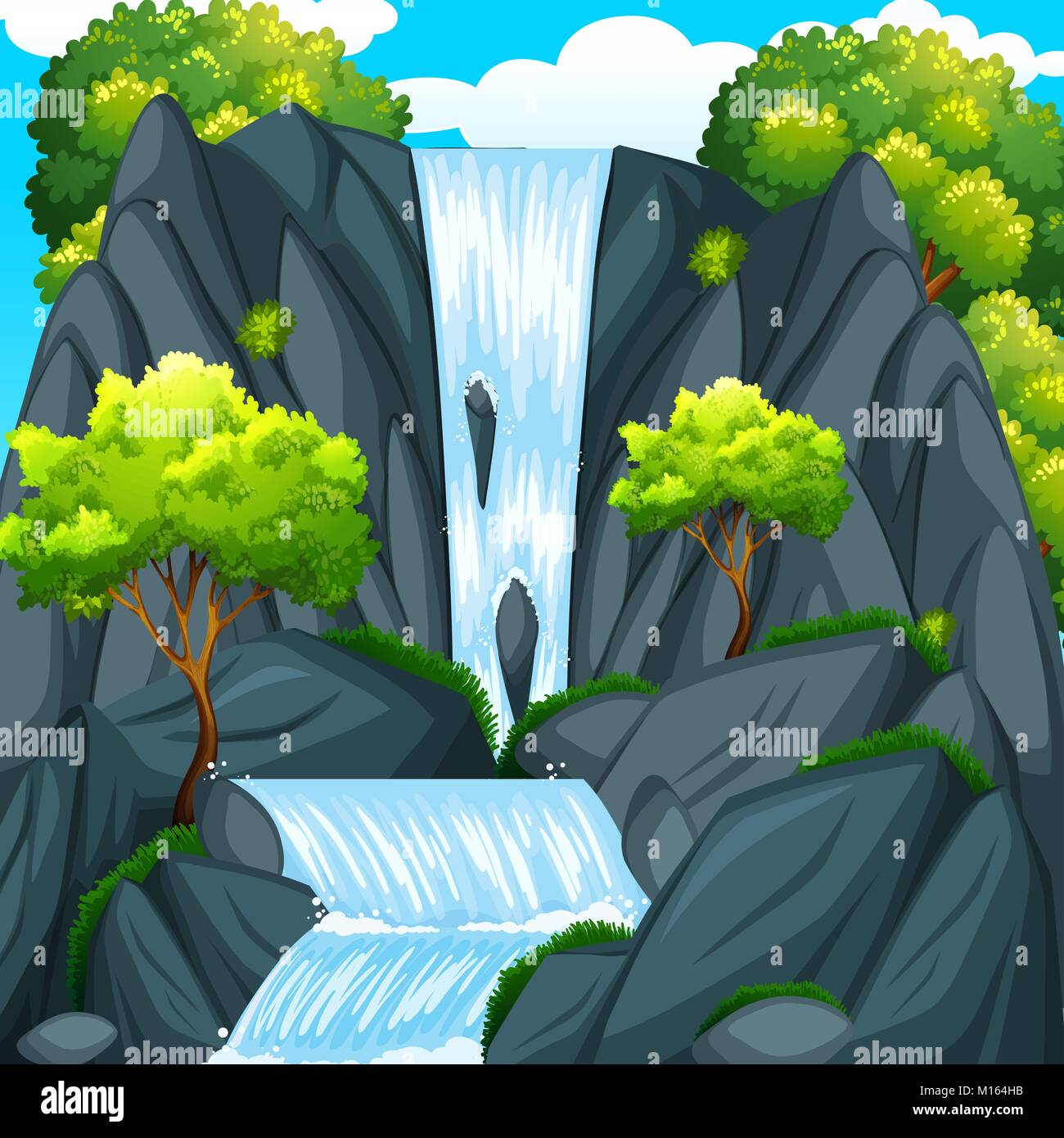 Beautiful waterfall and green trees illustration Stock Vector Image ...