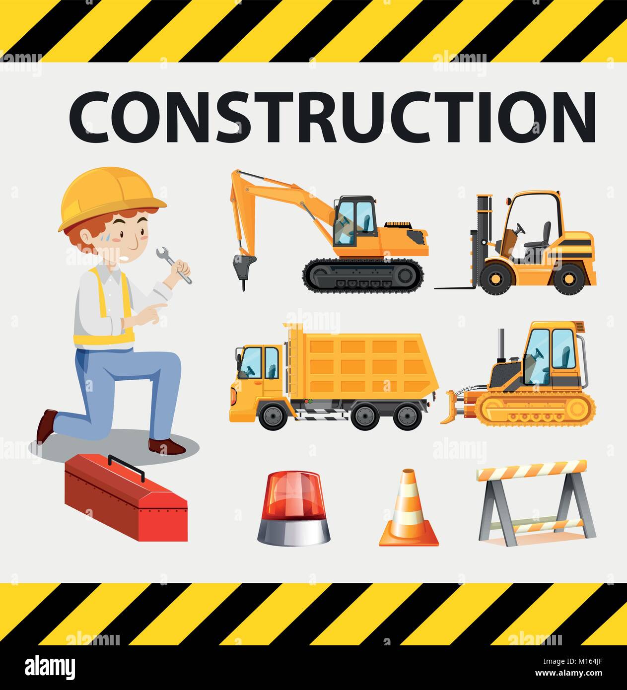 Man and construction trucks on poster illustration Stock Vector Image ...