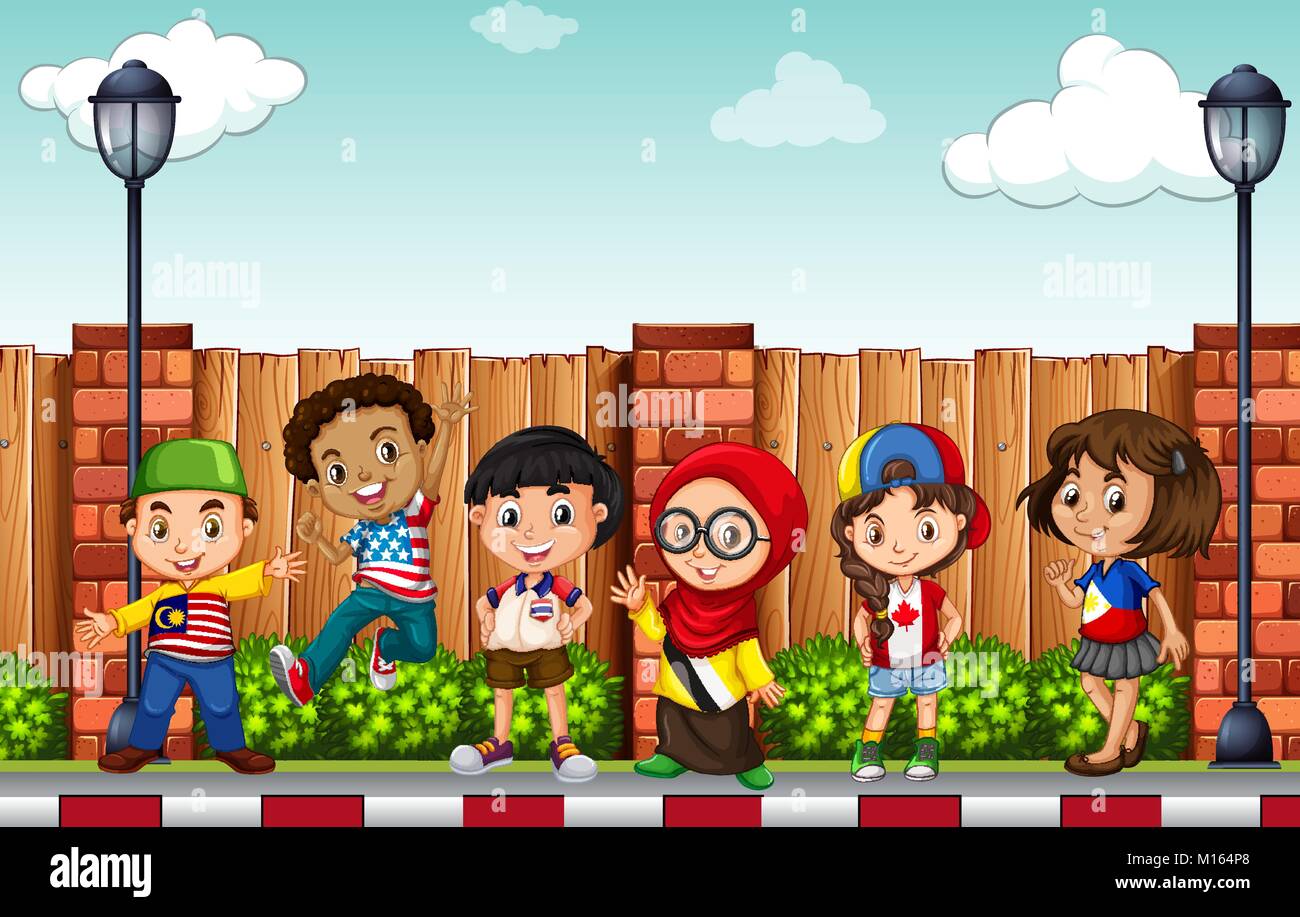 Many children standing on pavement illustration Stock Vector Image ...