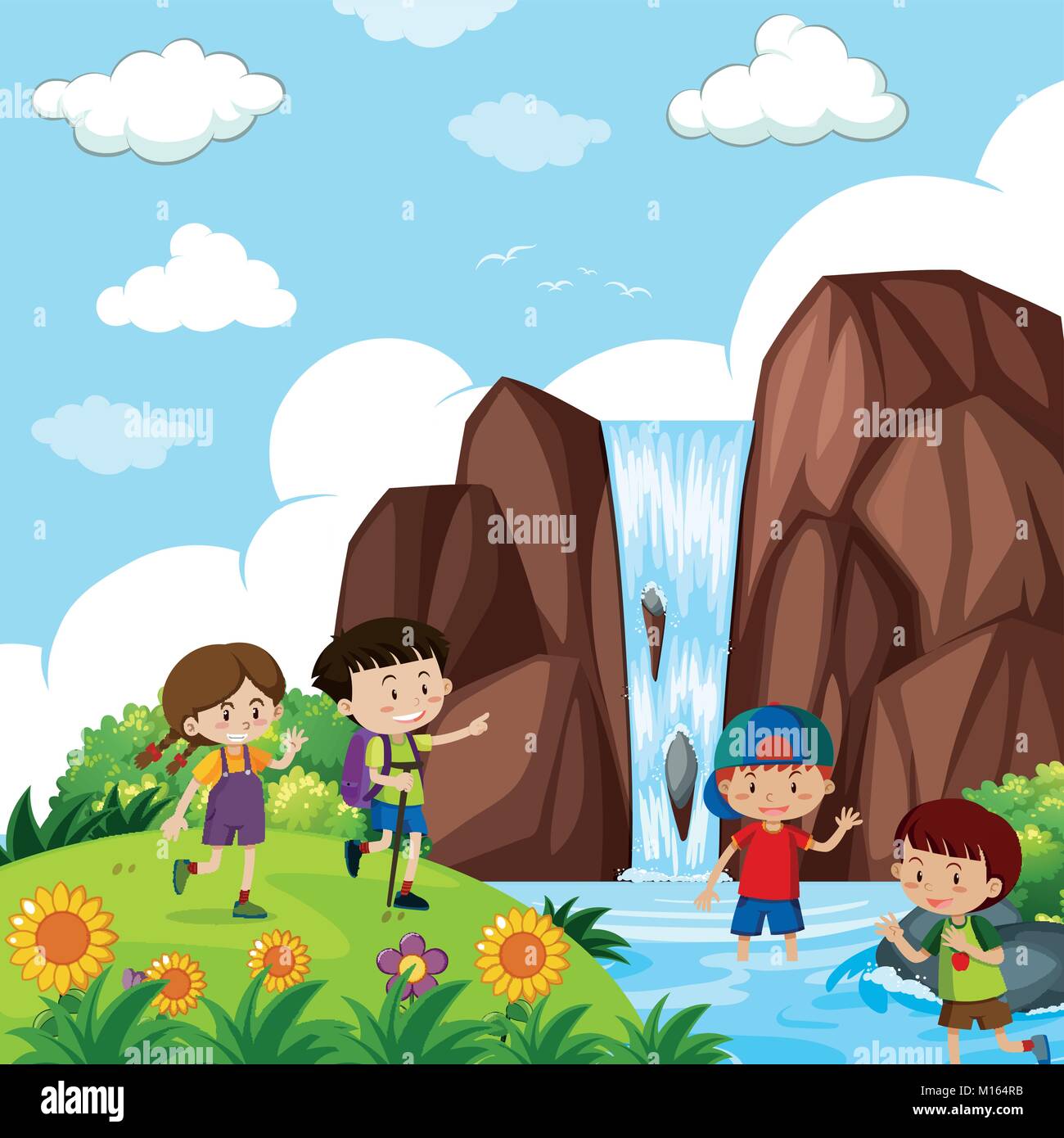 Four kids by the waterfall illustration Stock Vector Image & Art - Alamy