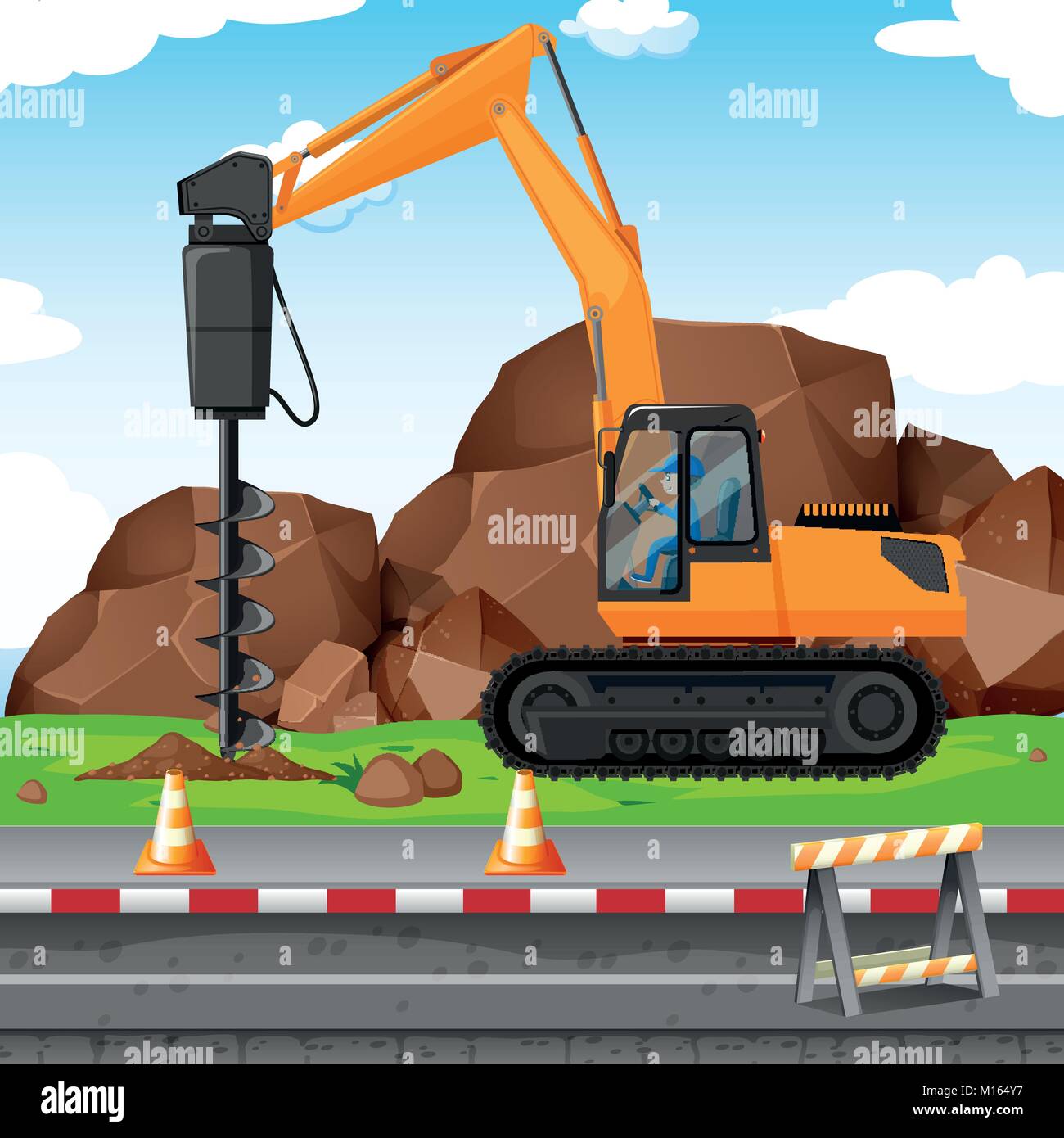 Man digging hole with drill at the construction site illustration Stock ...