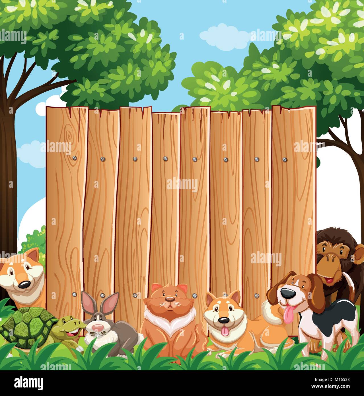 Wooden board with wild animals in garden illustration Stock Vector ...