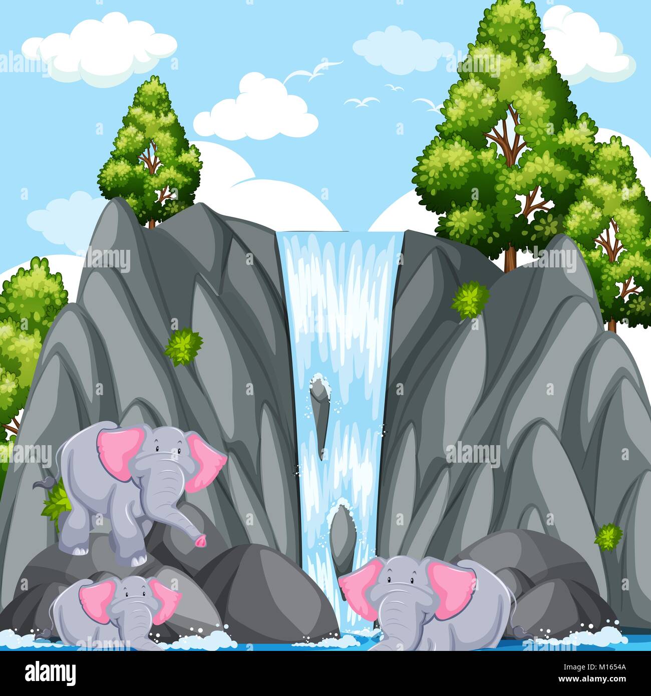 Scene with elephants at the waterfall illustration Stock Vector Image ...