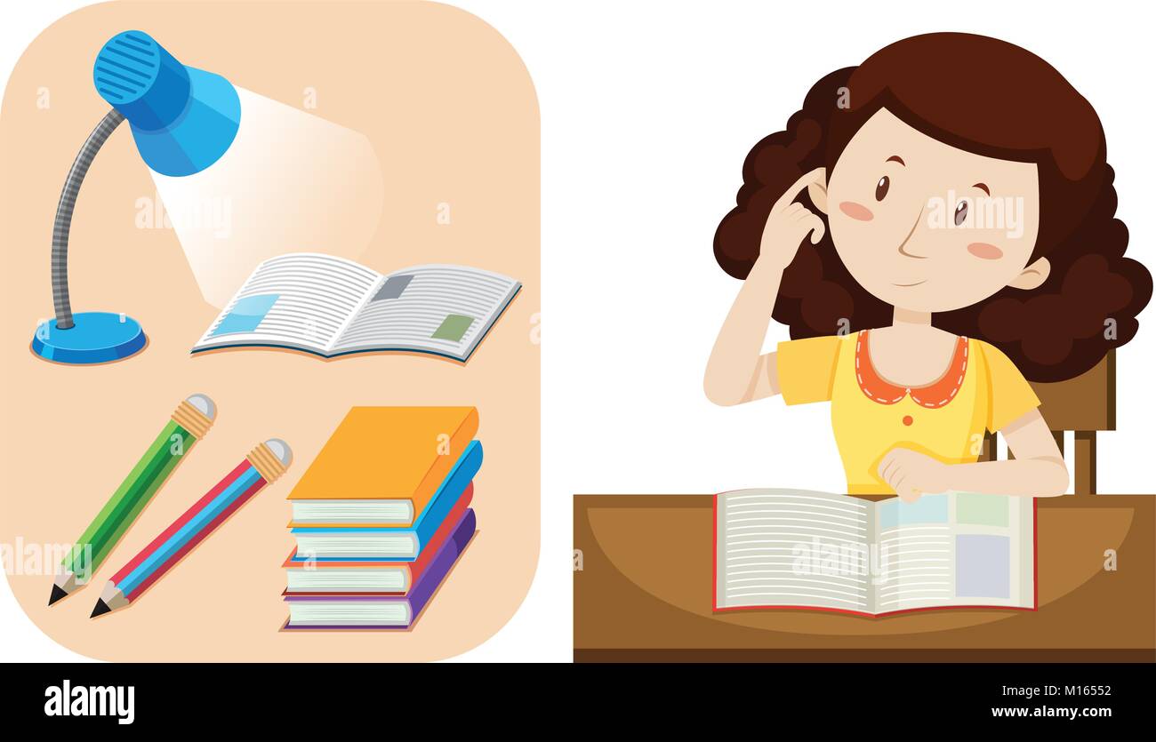 Girl doing homework on table illustration Stock Vector Image & Art - Alamy