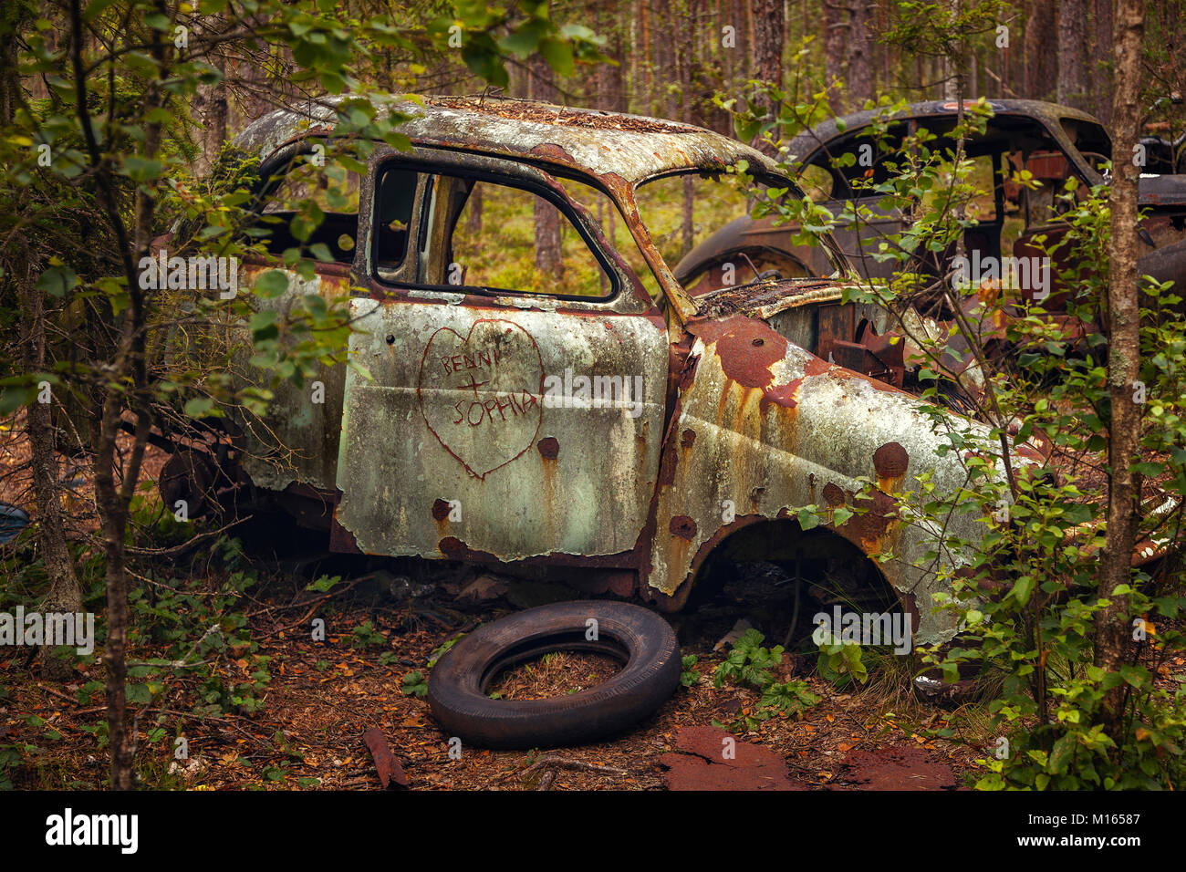 Rusty old car wreck abandoned in forest Stock Photo - Alamy