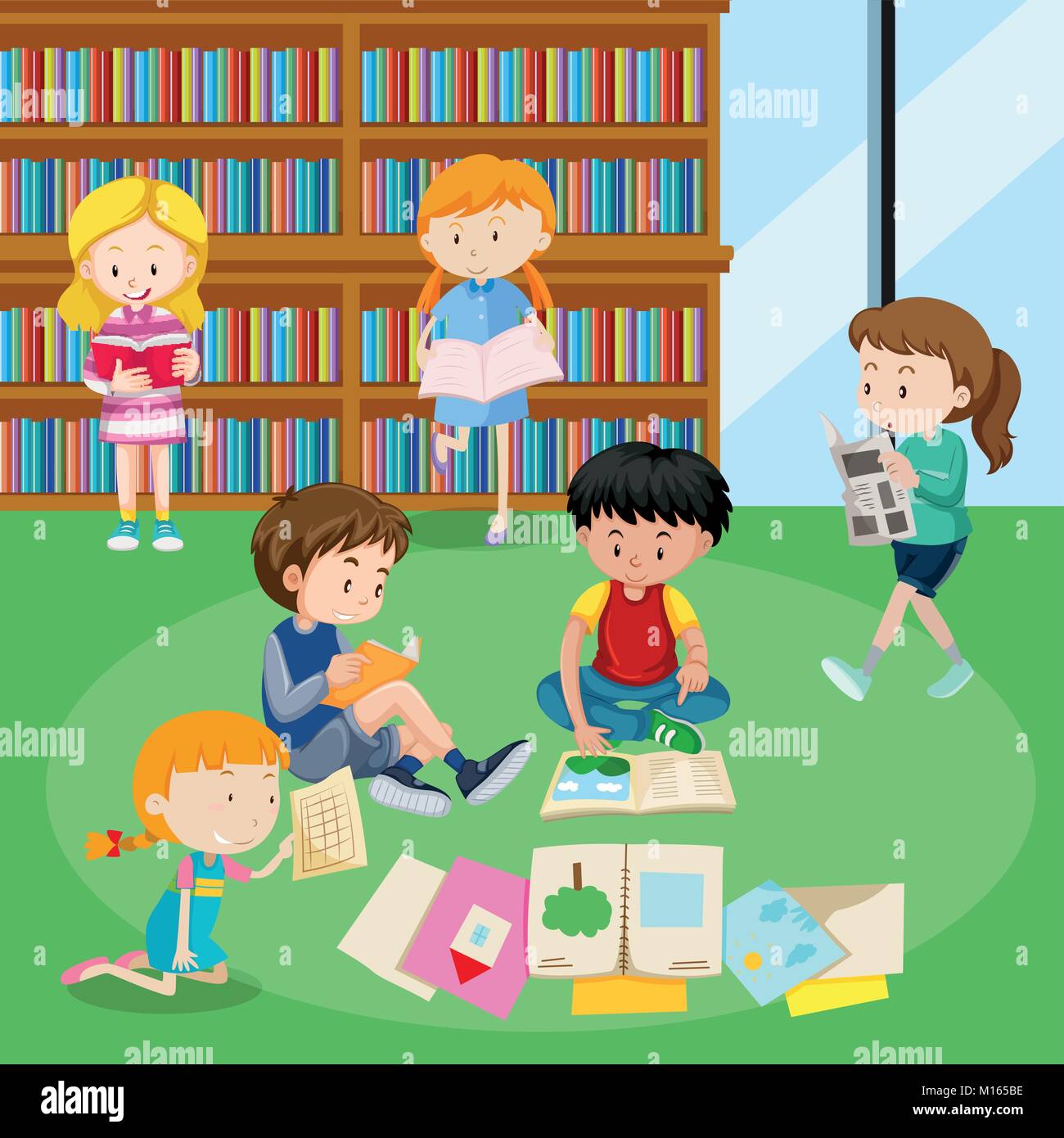 Students reading books in library illustration Stock Vector Image & Art ...