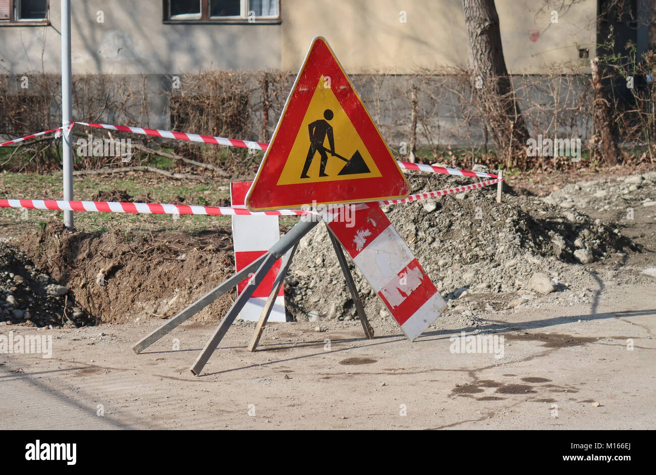 Road sign in a street under reconstruction Stock Photo - Alamy