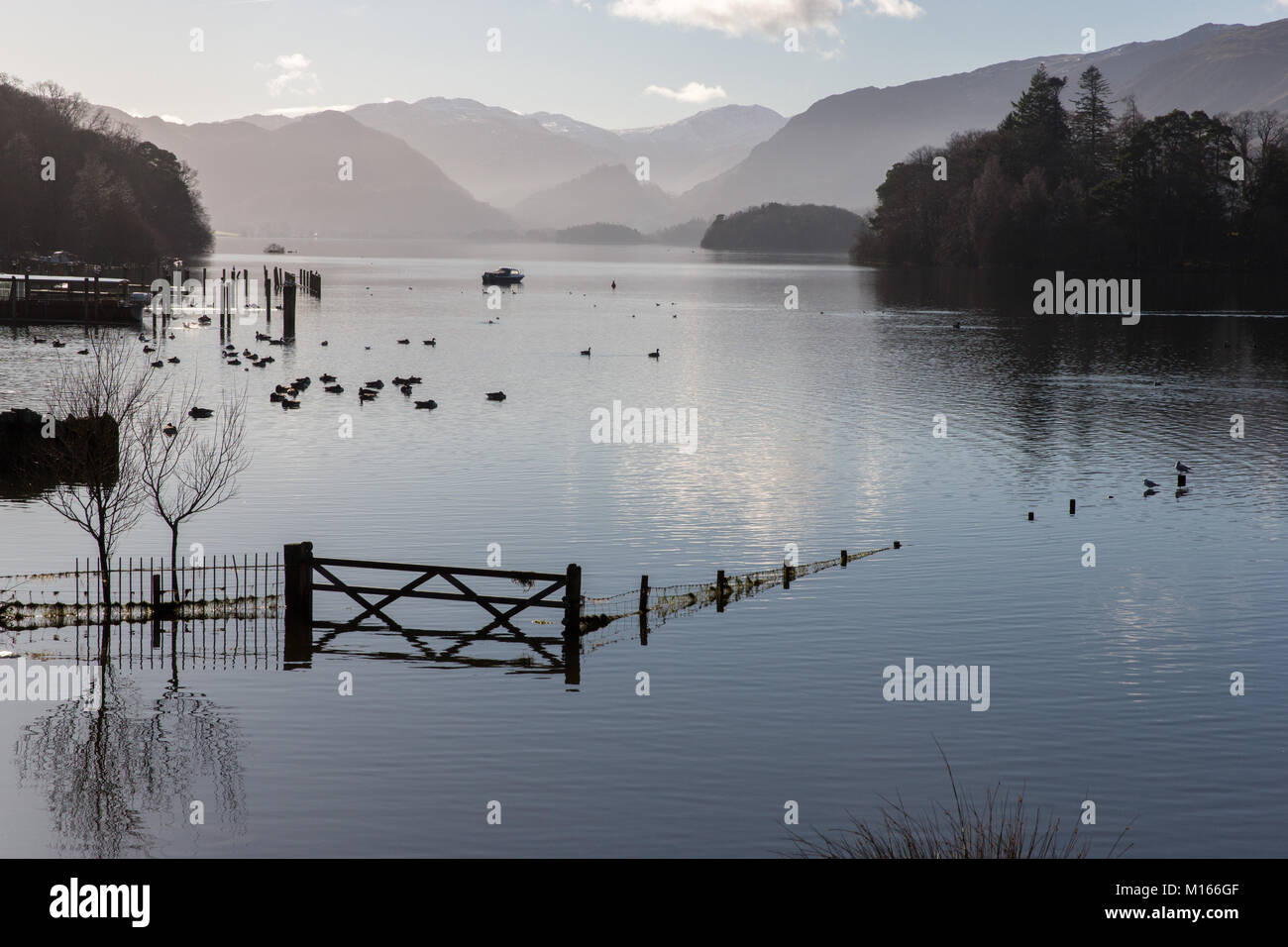 A flooded field on the banks of Derwent Water near Keswick after heavy ...