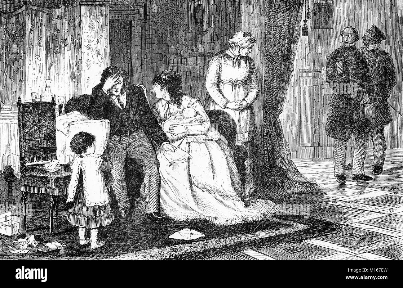 Family disaster, father goes bankrupt, vintage engraving Stock Photo ...