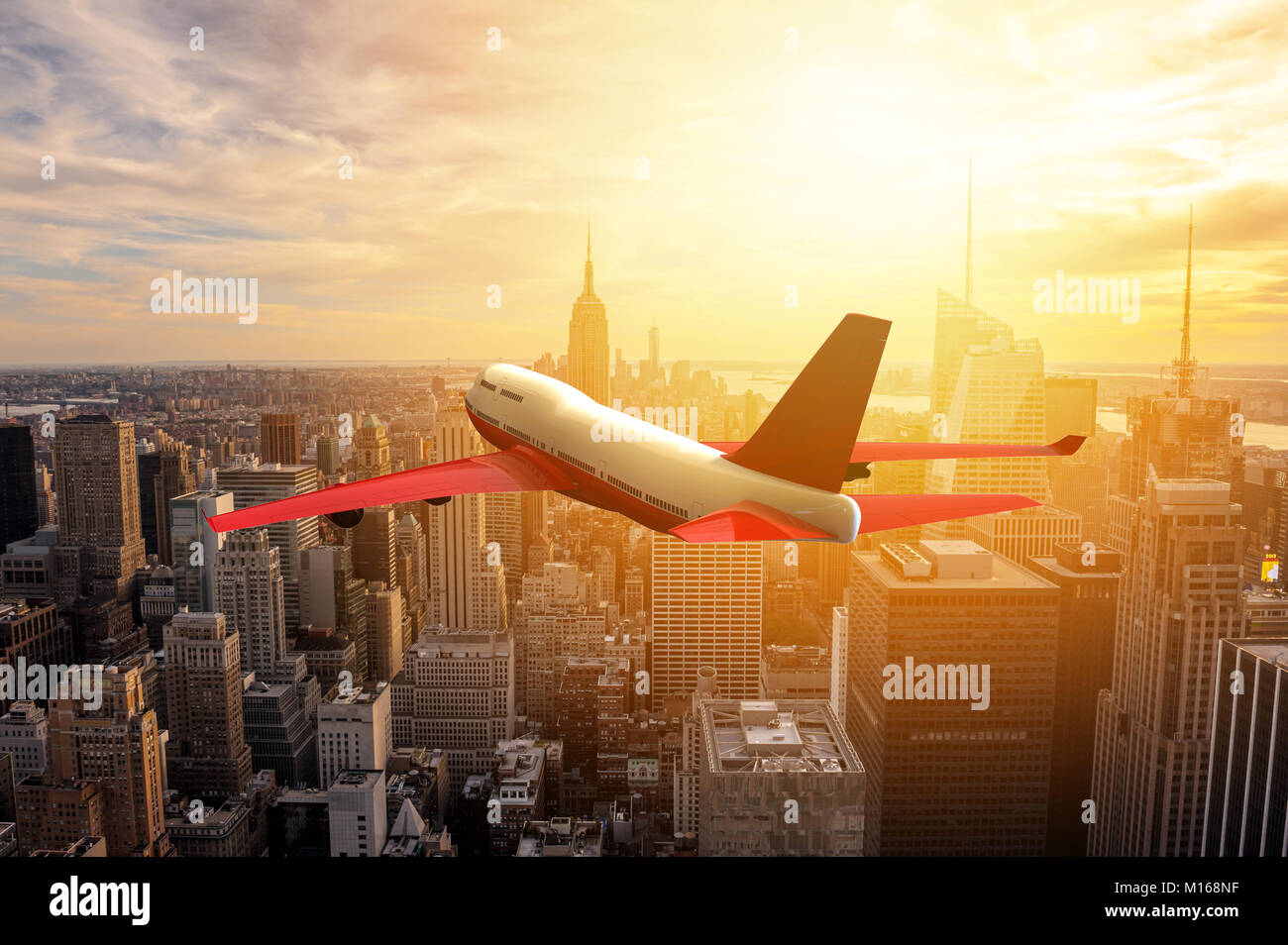 Airplane flying over a big metropoly: 3D illustration Stock Photo - Alamy