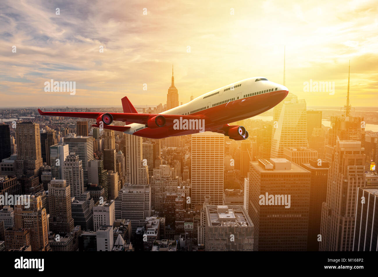 Airplane flying over a metropoly: 3D illustration Stock Photo - Alamy