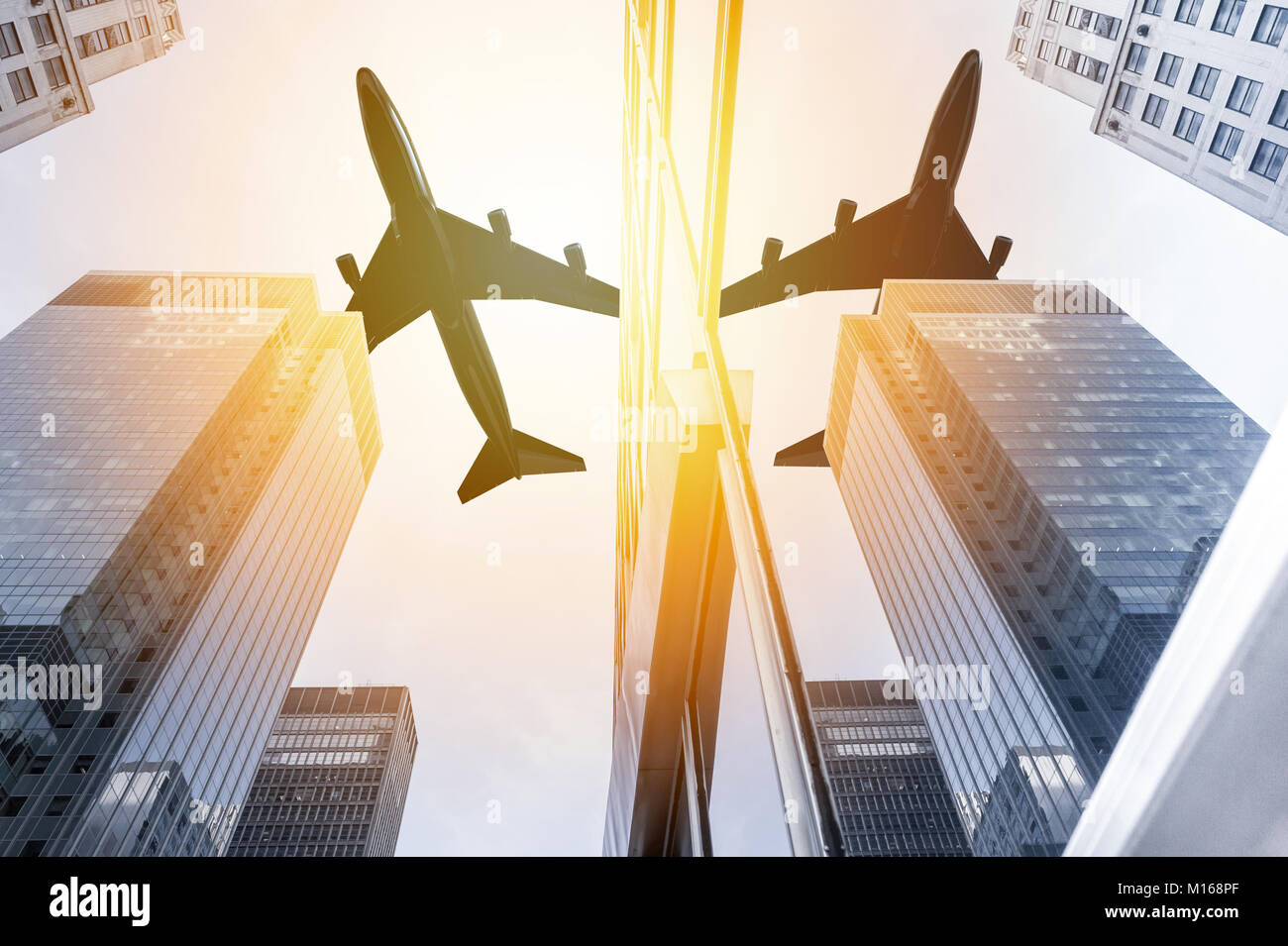 Airplane flying over skyscrapers: 3D illustration Stock Photo - Alamy