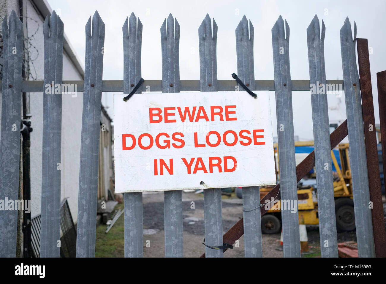 Beware dogs loose in yard sign on metal railing for security Stock ...
