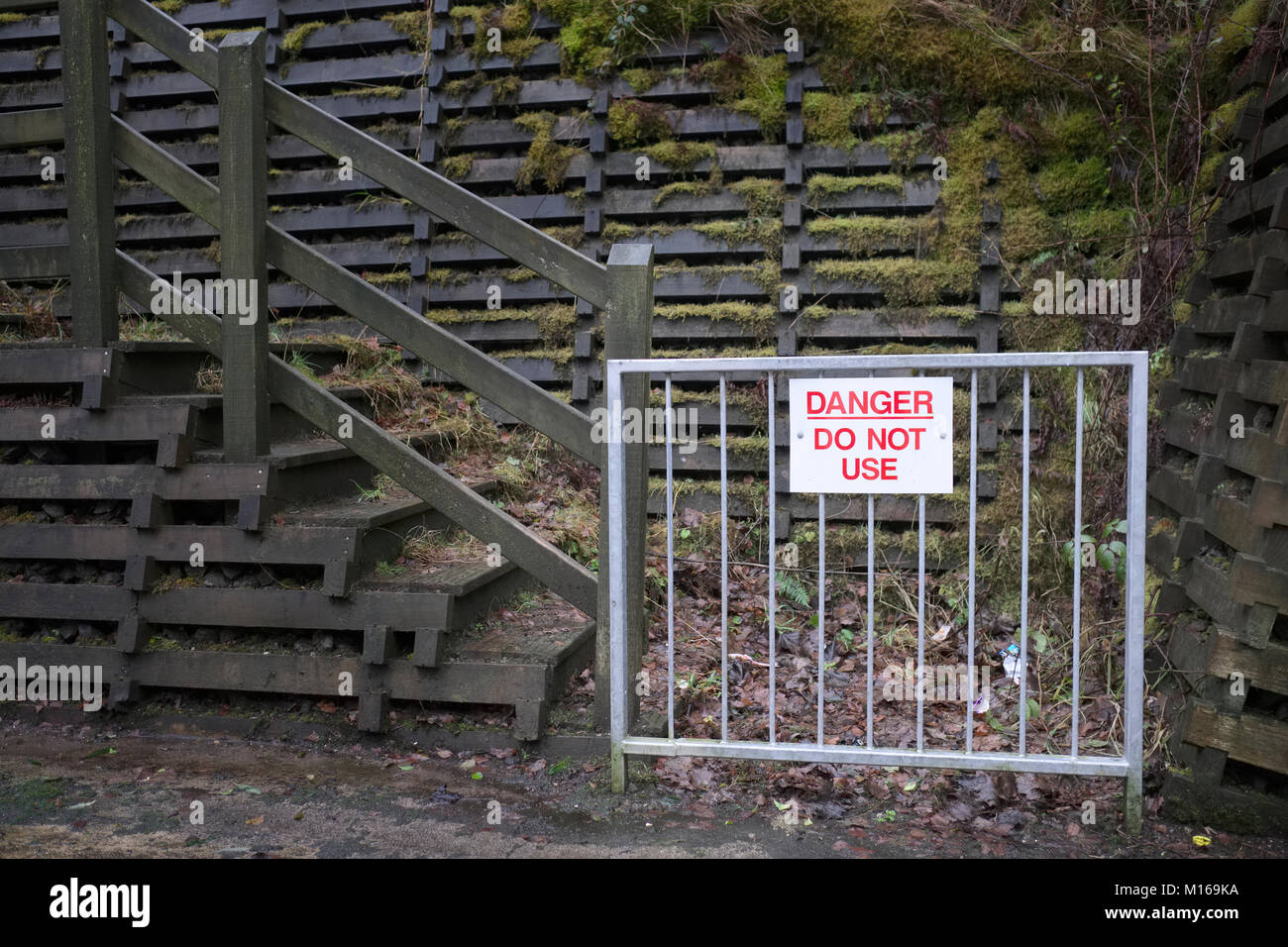 Danger do not use walkway path steps sign dangerous wooden rail and ...