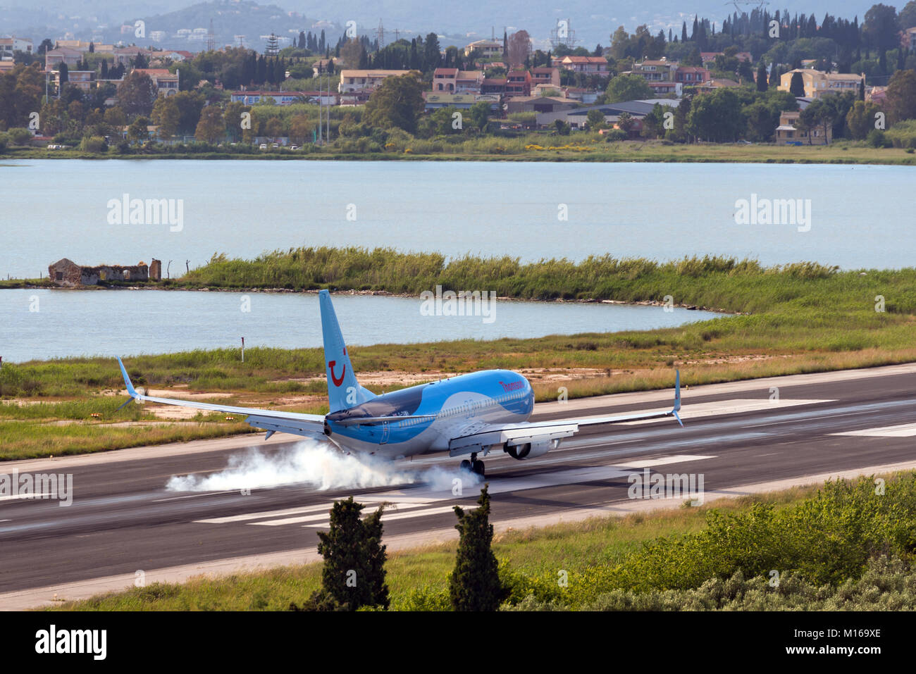 CORFU, GREECE - May 13, 2016: Aircraft Boeing 737-800 landing at Corfu ...