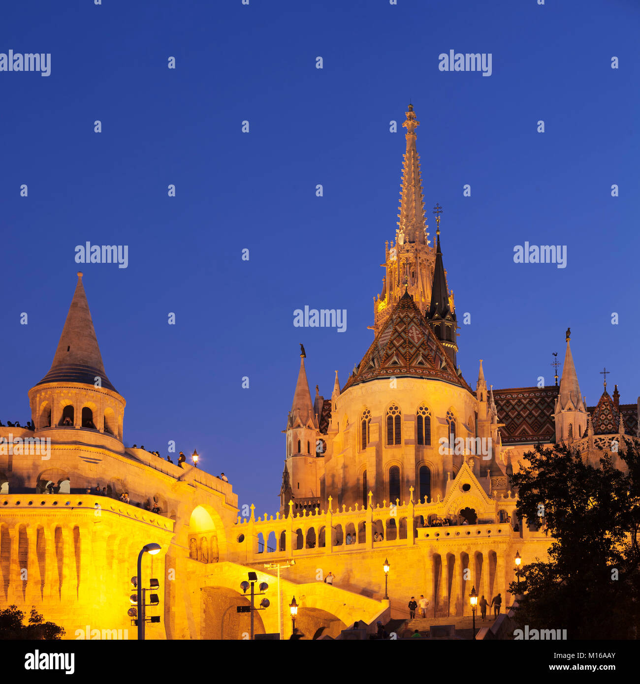 Matthiaskirche at dusk, Fishermen's bastion, Buda, Budapest, Hungary ...