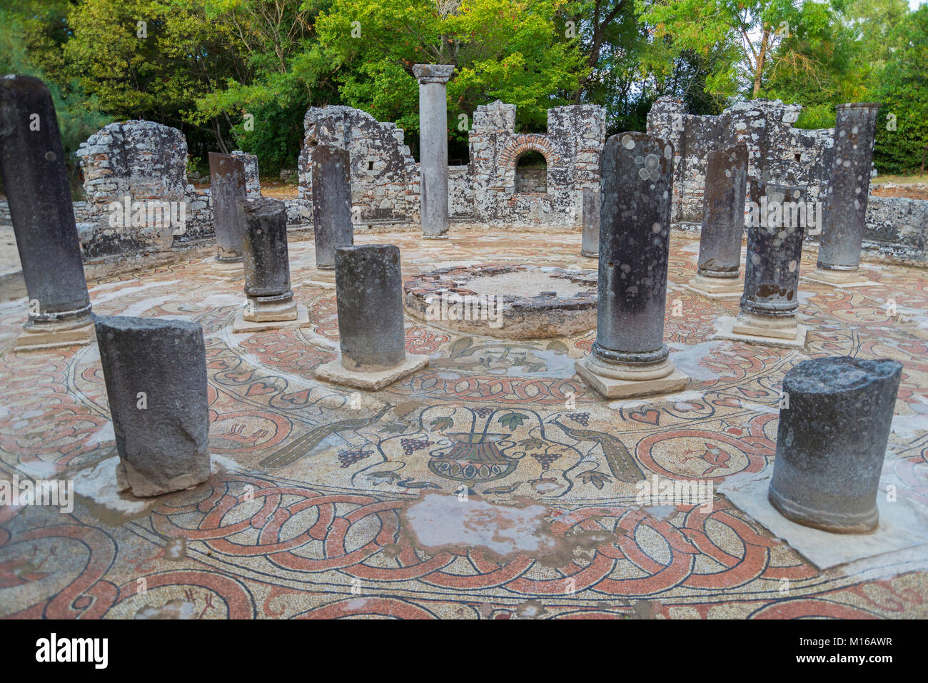 Baptistery with mosaics, ruined city, National Park Butrint, Saranda ...
