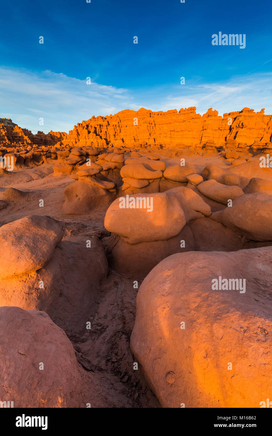 Goblins or hoodoos eroded from Entrada Sandstone, illuminated by sunset ...