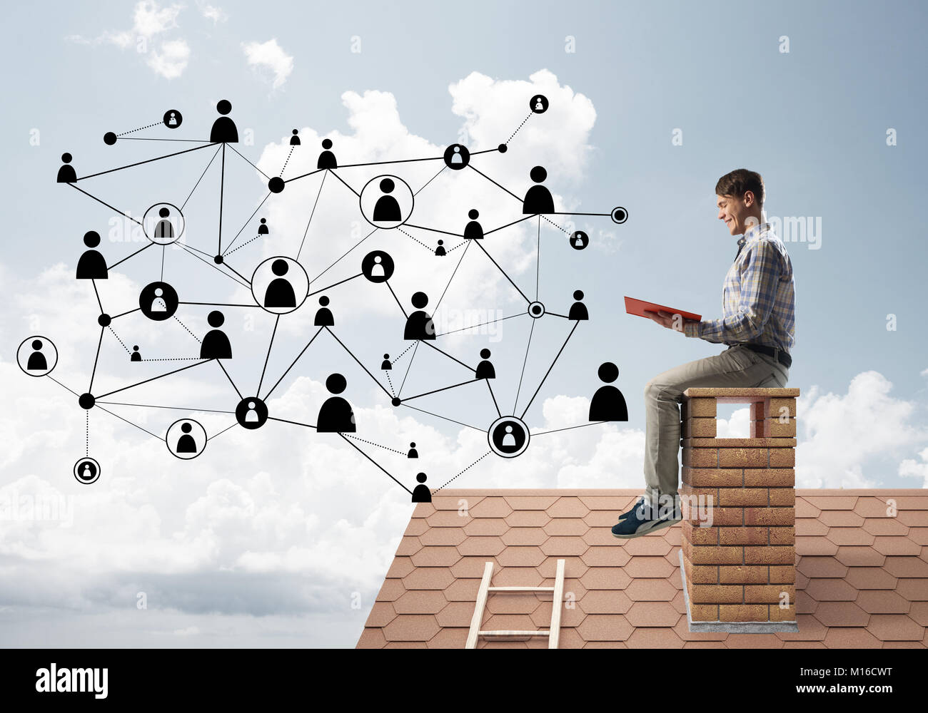 Handsome student guy reading book and concept of social connection ...