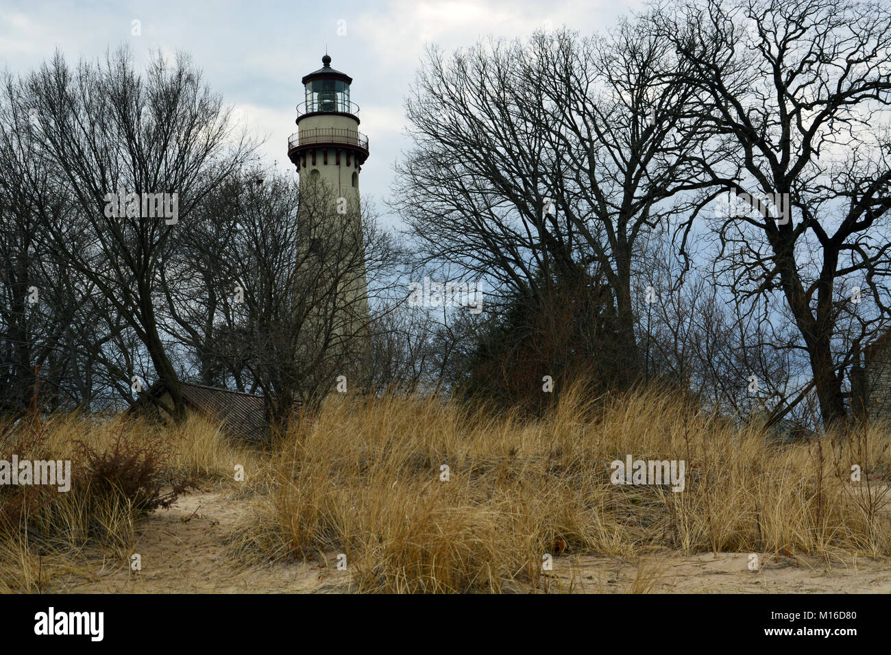 The lighthouse tower at the Grosse Point Light Station rises above the ...