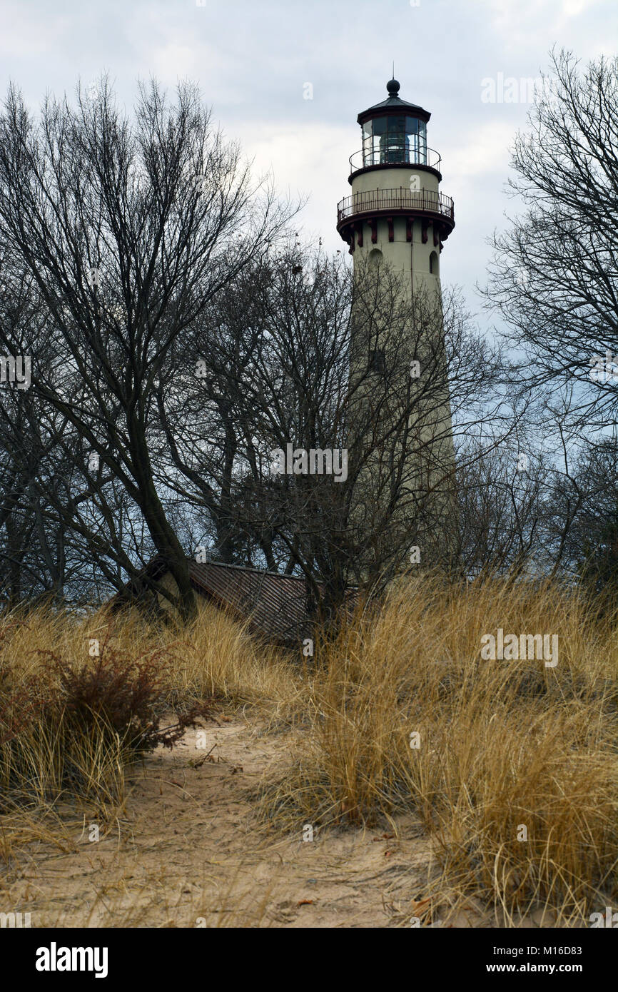 The lighthouse tower at the Grosse Point Light Station rises above the ...