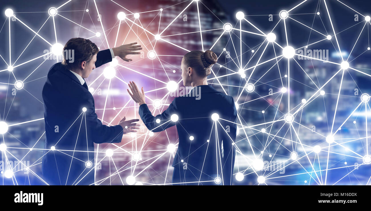 Concept of social connection and networking against night city view and ...