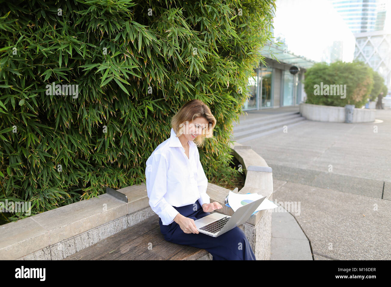 Statistician working outside with laptop and color diagrams Stock Photo ...