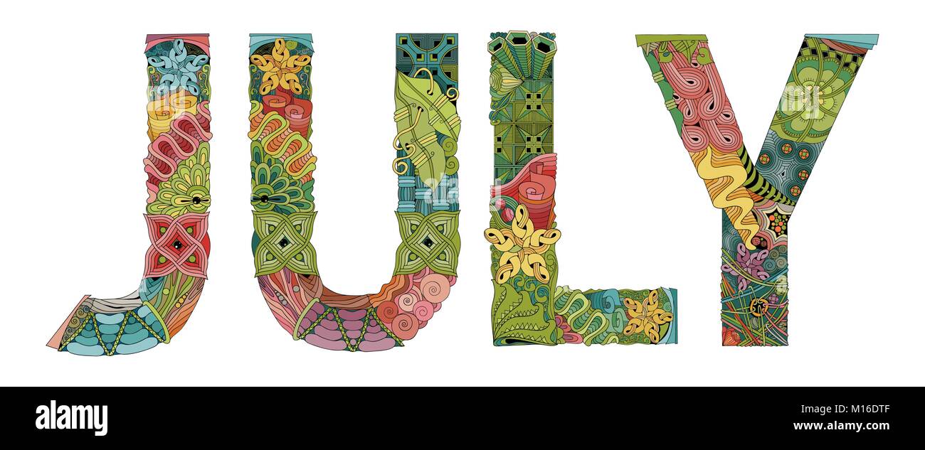 Hand-painted art design. Hand drawn illustration word JULY for t-shirt ...