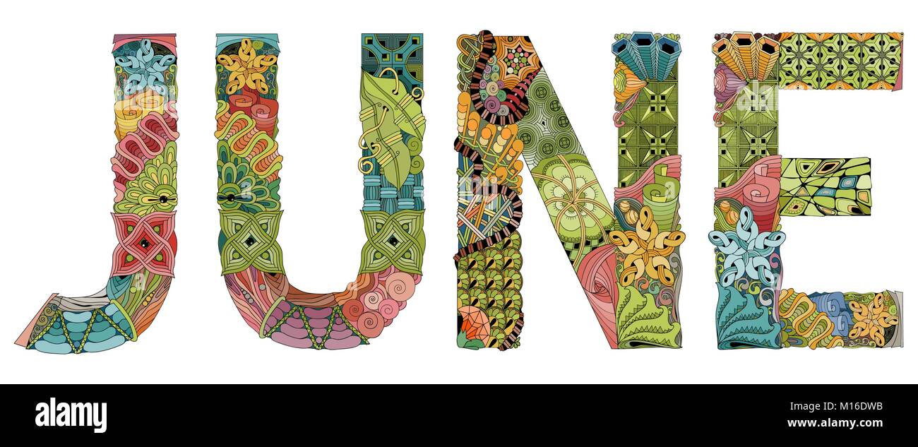 Hand-painted art design. Hand drawn illustration word JUNE for t-shirt ...