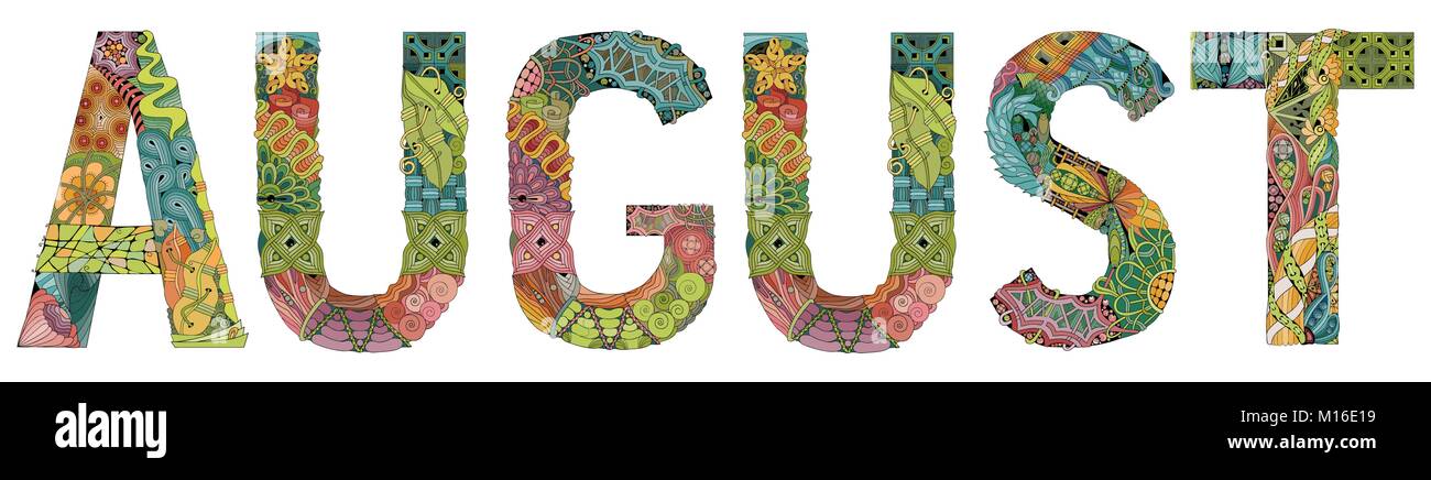 Hand-painted art design. Hand drawn illustration word AUGUST for t ...