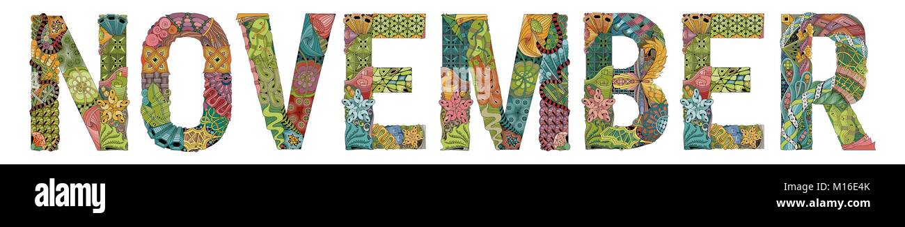 Hand-painted art design. Hand drawn illustration word NOVEMBER for t ...