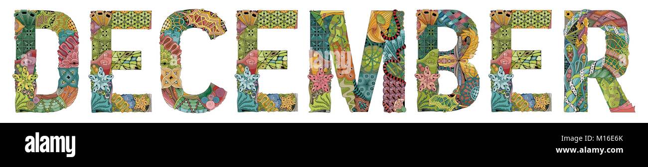 Hand-painted art design. Hand drawn illustration word DECEMBER for t ...