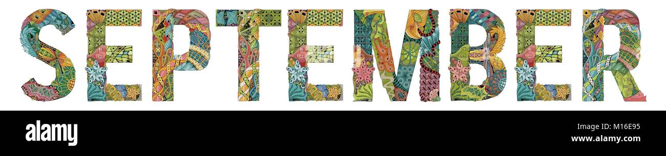 Hand-painted art design. Hand drawn illustration word SEPTEMBER for t ...