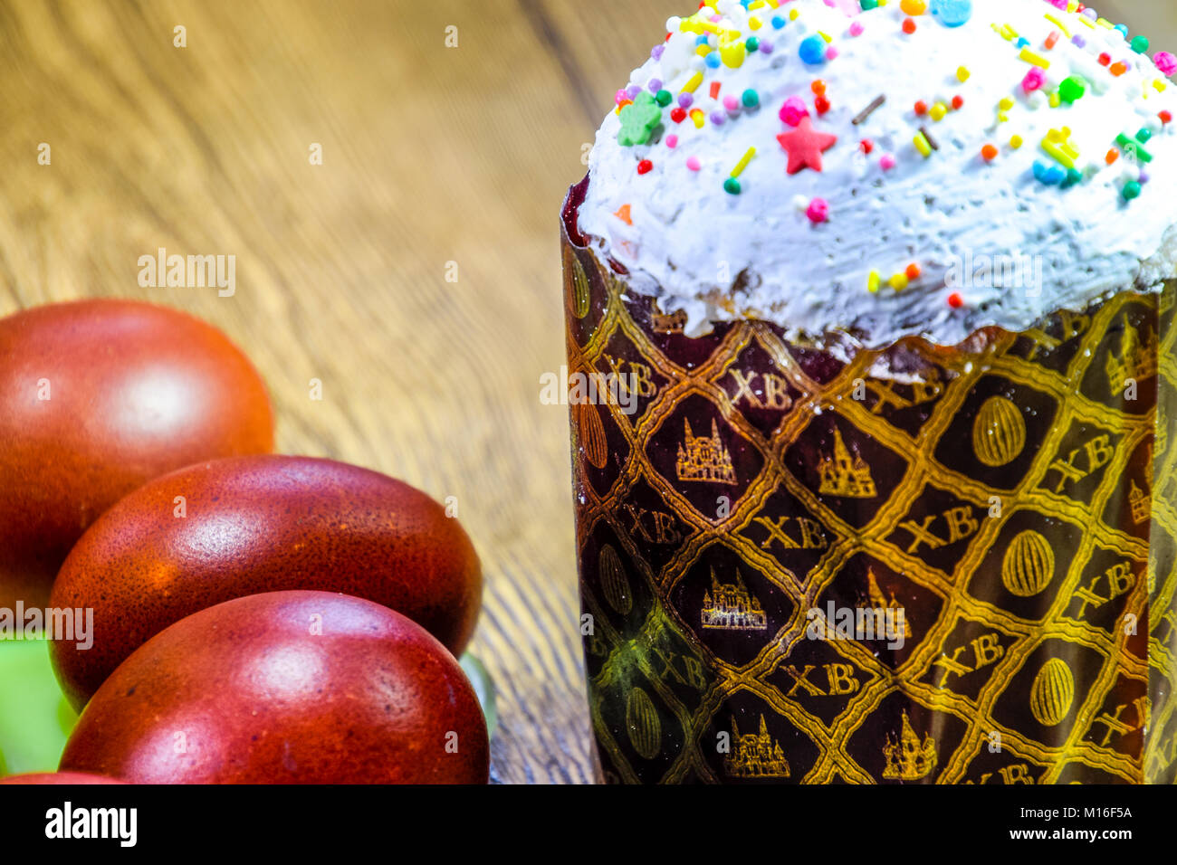 Easter cake and painted red Easter eggs. Food for the Easter table ...